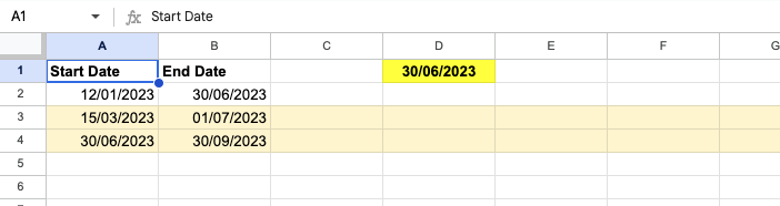 Highlight Row When Two Date Cells In Row Have A Date Between Them: Conditional Formatting ...